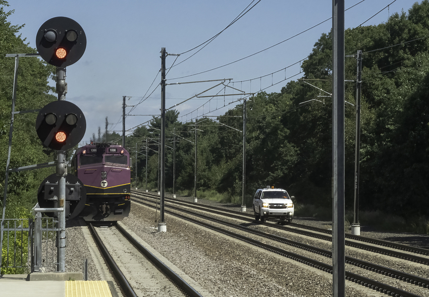 MBTA Train 820 Passing Amtrak Hi-Rail Vehicle as It Heads to Boston ...